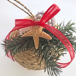 ROPE CHRISTMAS ORNAMENT, Seashell Starfish Ornament, Rope Ball, Coastal ...