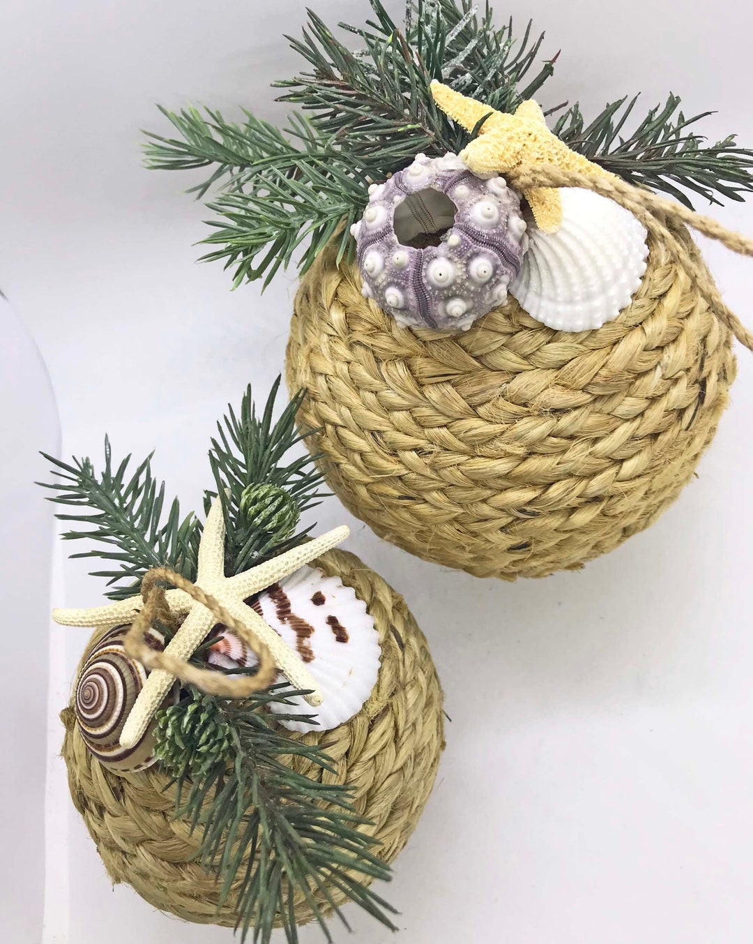 ROPE CHRISTMAS ORNAMENT, Seashell Starfish Ornament, Rope Ball, Coastal ...