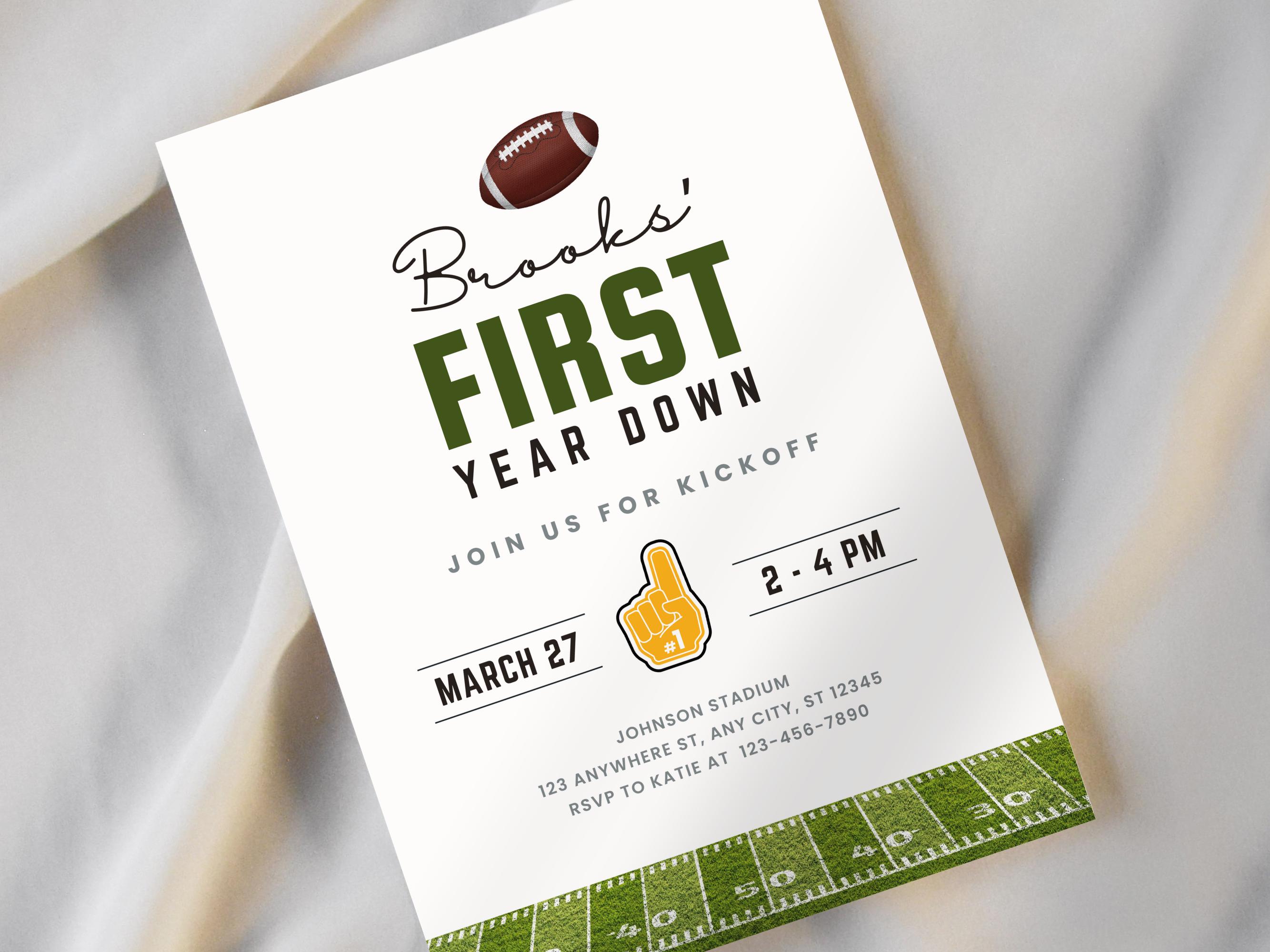First Year Down Birthday Invitation, Football Birthday Invitation, 1st ...