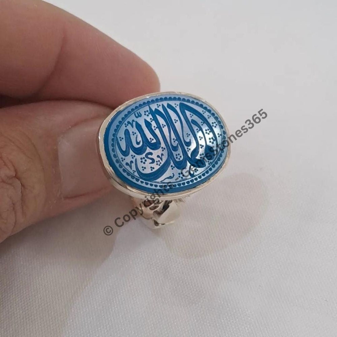 Rare Blue Aqeeq Engraved Stone Ring for Men Unique Sterling Silver 925 ...