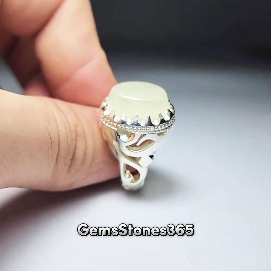 White Yemeni Aqeeq Agate Stone Ring in Sterling Silver 925 Genuine ...