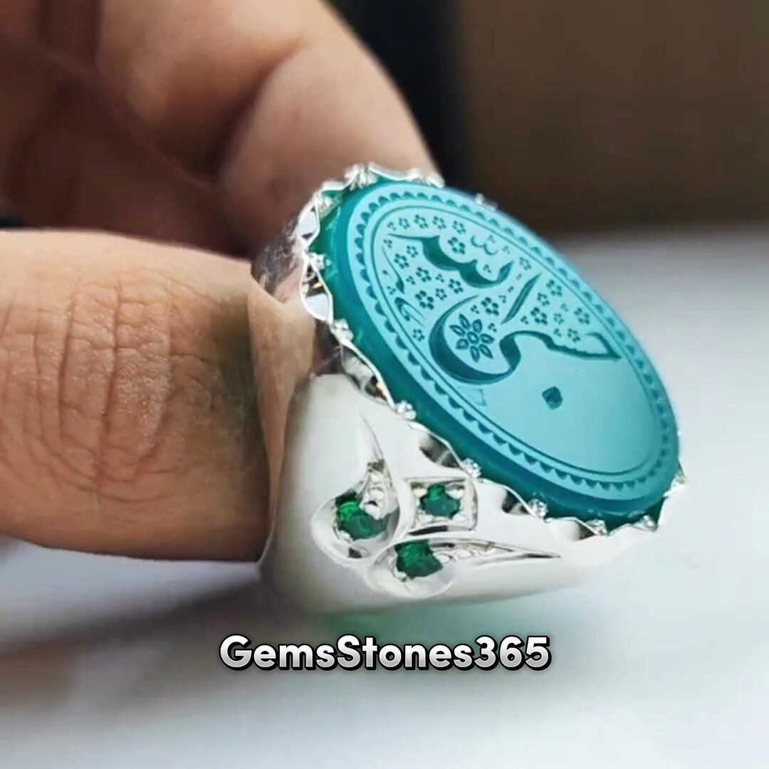 Real Engraved Green Aqeeq Yemeni Stone Ring 925 Sterling Silver Ring ...