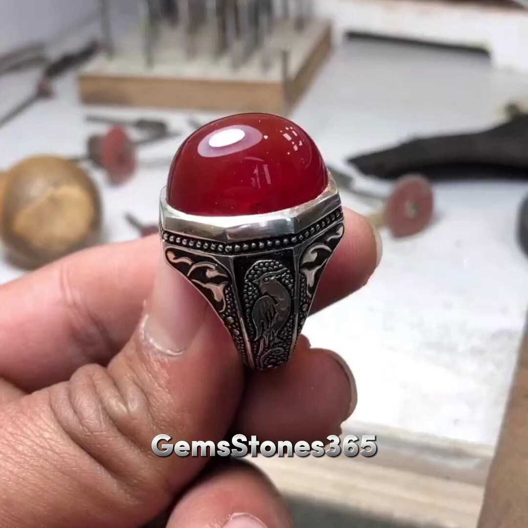 Rare Red Aqeeq Agate Stone Ring Handcrafted Sterling Silver 925 ...