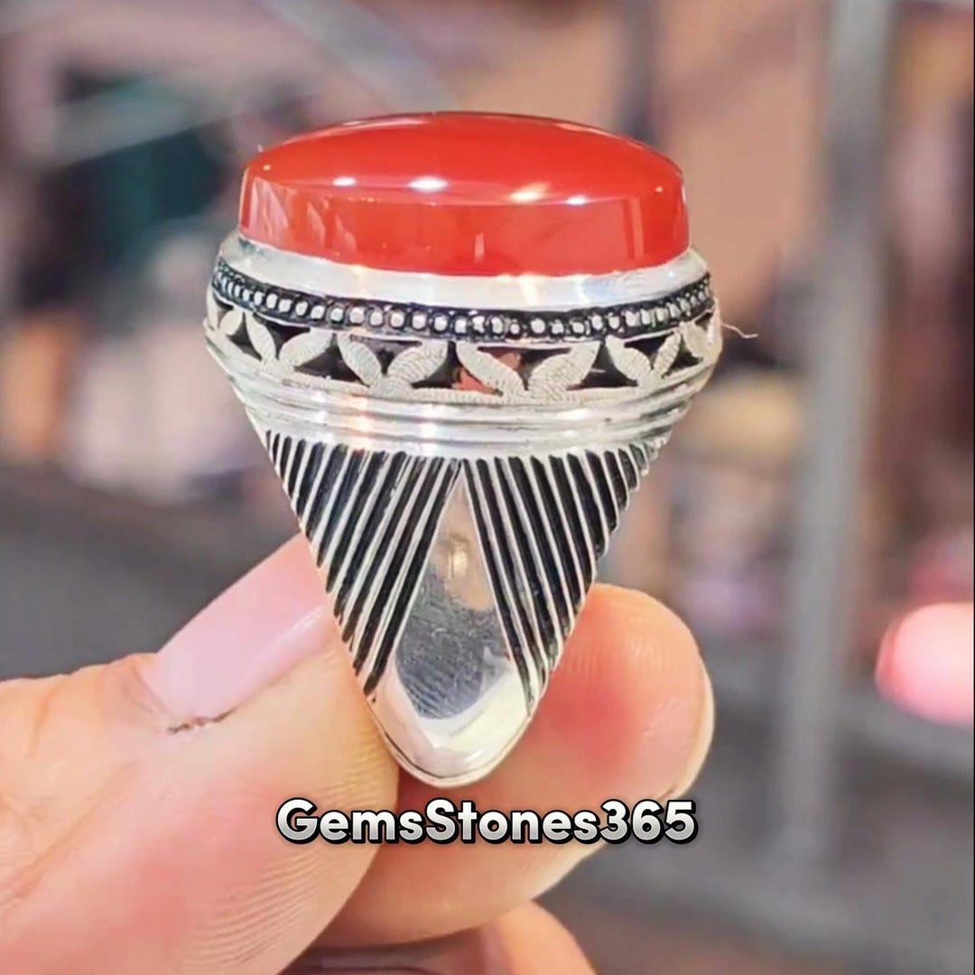 Beautiful Handmade Yemeni Red Aqeeq Ring for Men Agate Ring With 925 ...
