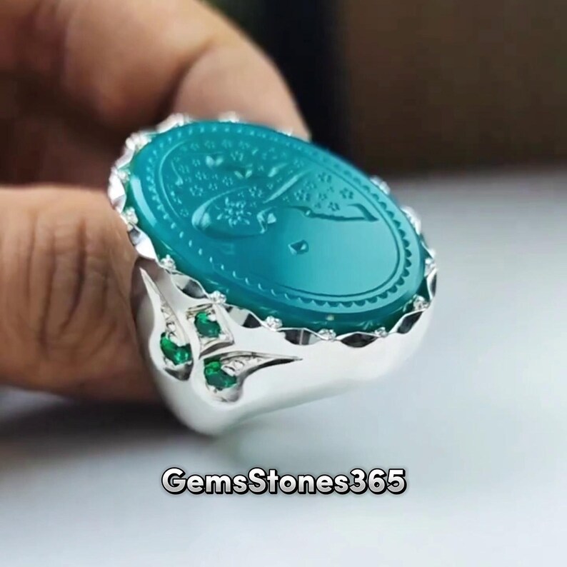 Real Engraved Green Aqeeq Yemeni Stone Ring 925 Sterling Silver Ring ...