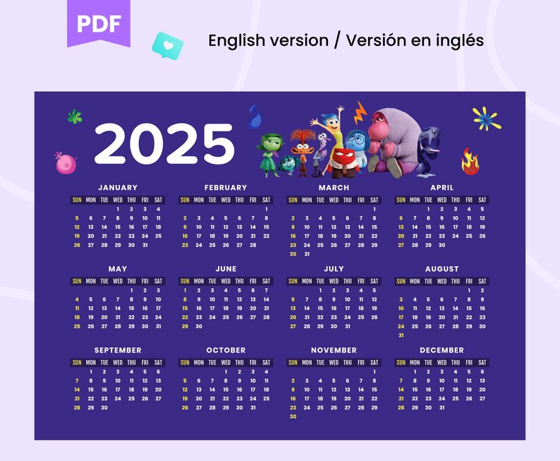 Calendar 2025 Printable, Kids Calendar 2025, Inside Out, Calendar 2025 ...