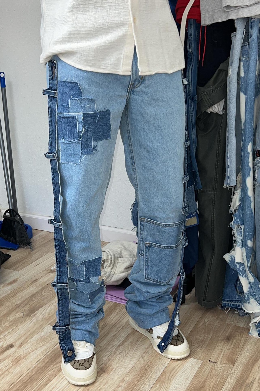 Custom Patchwork Stacked Jeans - Etsy