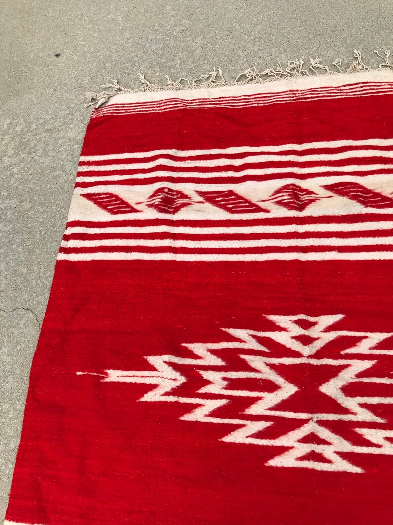 Vintage Vibrant Red and Beige Mexican Aztec Wool Blanket Rug - Etsy