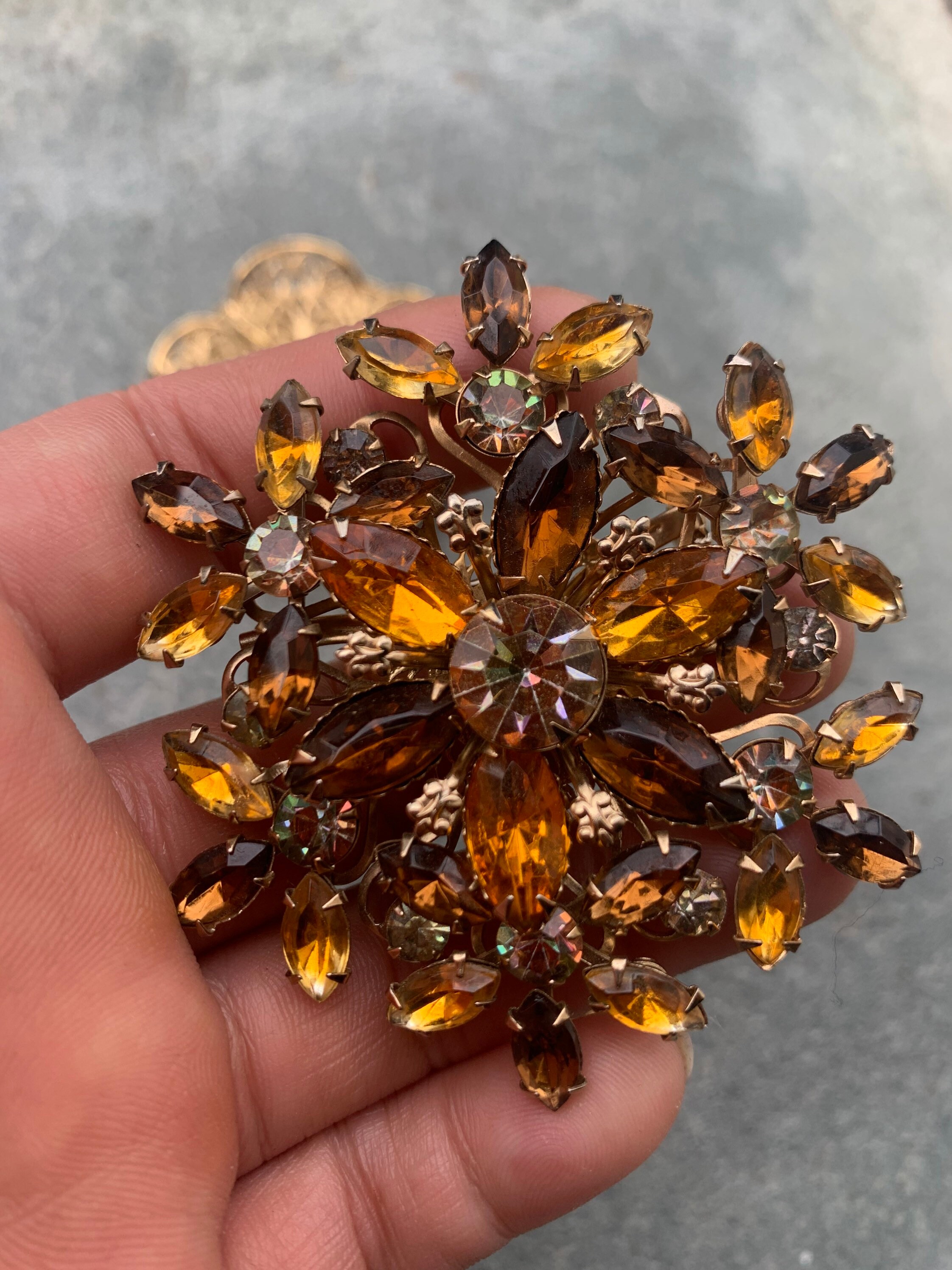 Amber Tone Crystal Rhinestone Cluster Gold Plated Monet Flower Brown ...
