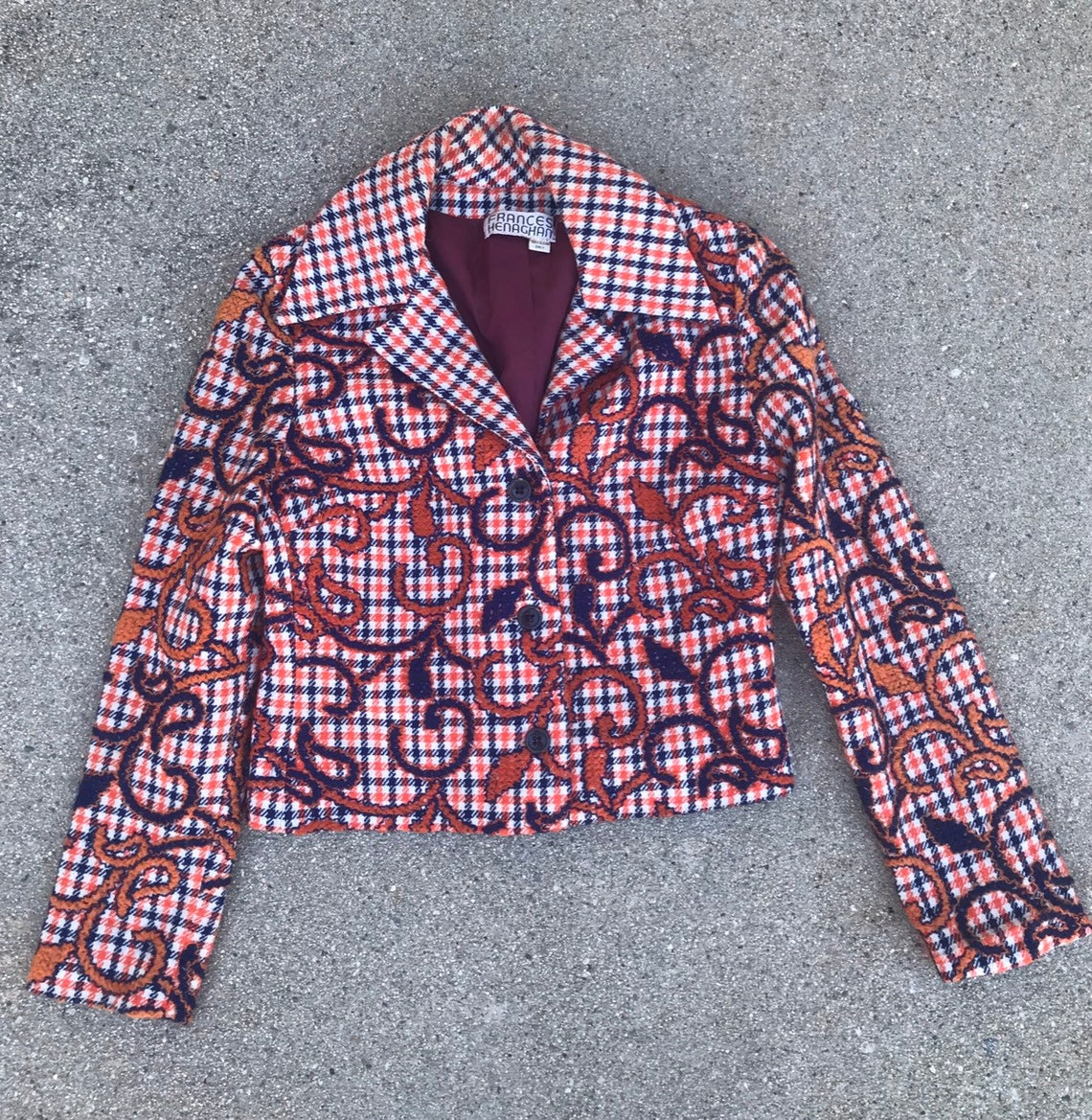 Frances Henaghan Orange and Navy Blue Plaid 70s Matador Jacket Size ...