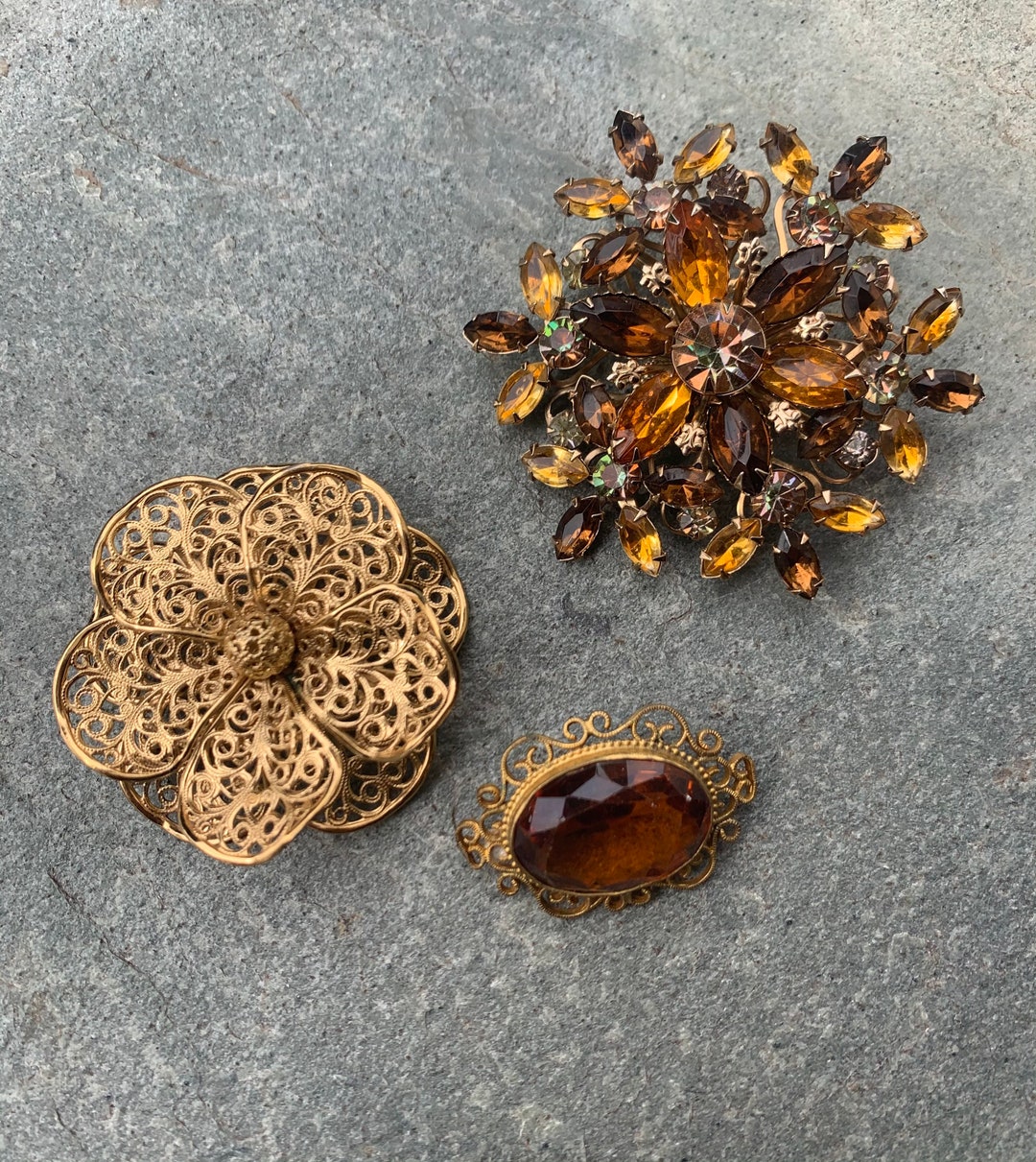 Amber Tone Crystal Rhinestone Cluster Gold Plated Monet Flower Brown ...