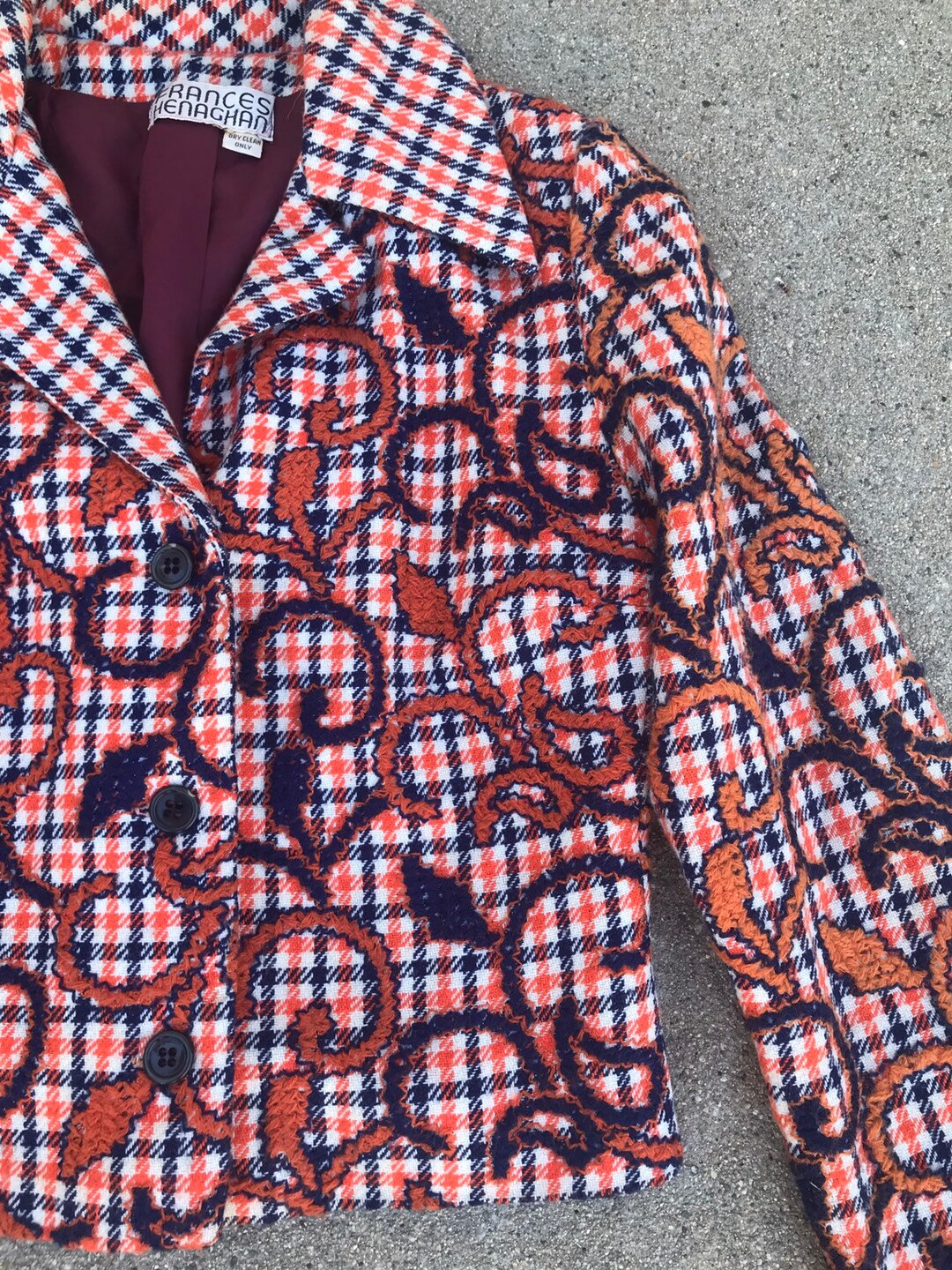 Frances Henaghan Orange and Navy Blue Plaid 70s Matador Jacket Size ...