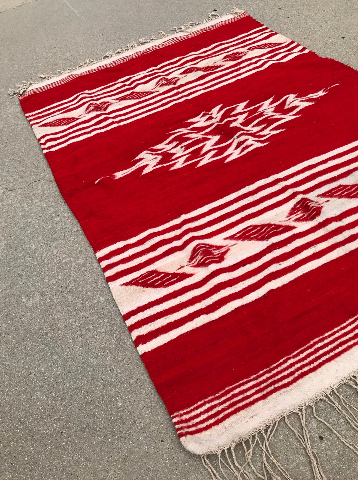 Vintage Vibrant Red and Beige Mexican Aztec Wool Blanket Rug | Etsy