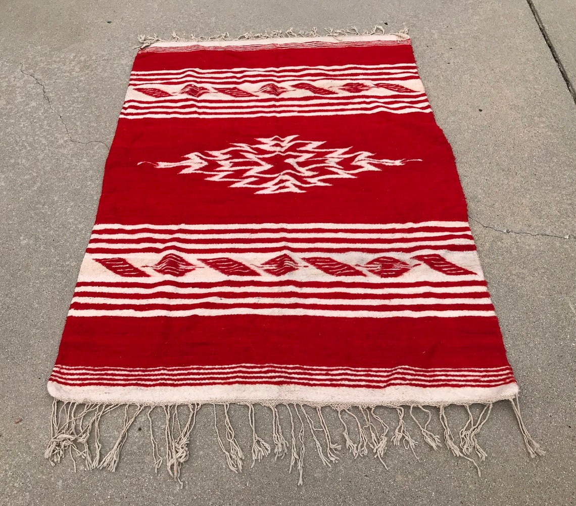 Vintage Vibrant Red and Beige Mexican Aztec Wool Blanket Rug - Etsy