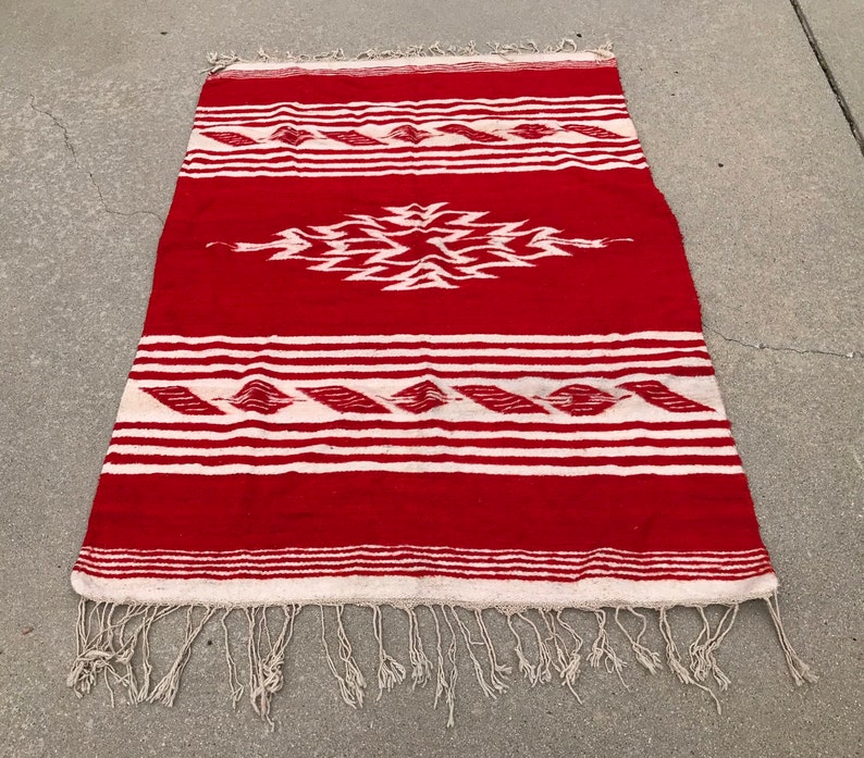 Vintage Vibrant Red and Beige Mexican Aztec Wool Blanket Rug - Etsy