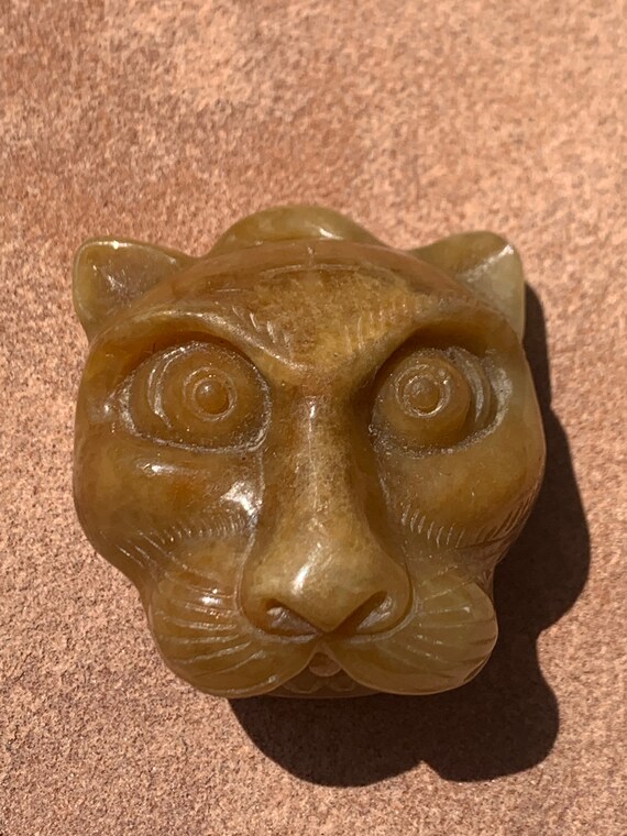 Chinese Brown Jade Tiger Head Antique Vintage Pendant - Gem