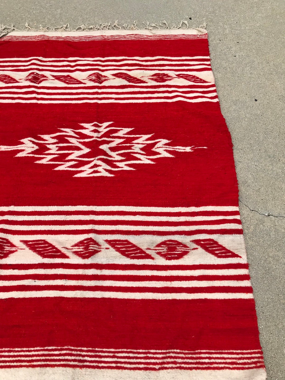 Vintage Vibrant Red and Beige Mexican Aztec Wool Blanket Rug - Etsy