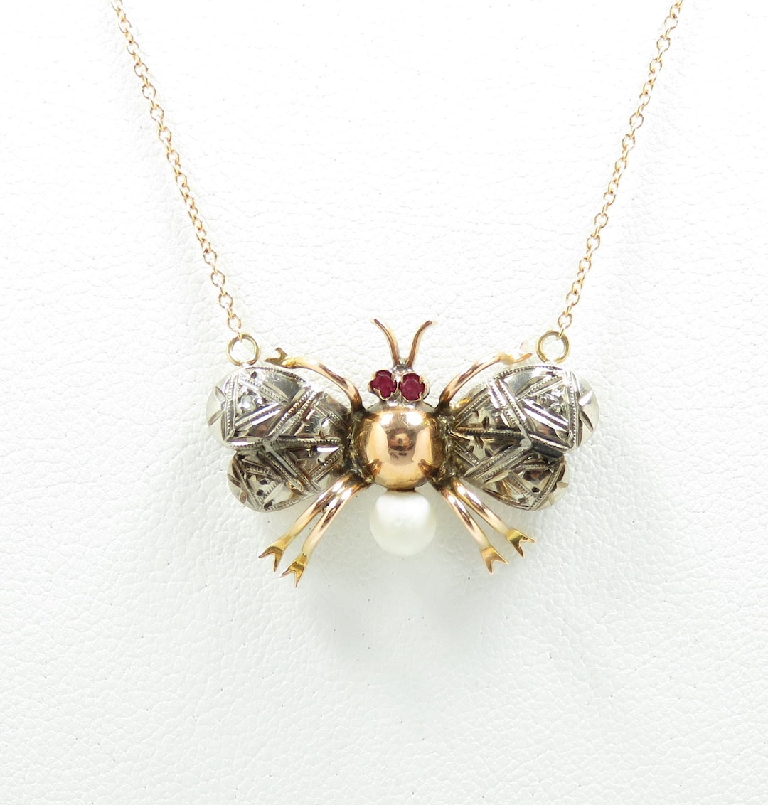 14k Gold Ruby and Marcasite Bee Necklace Insect Pendant Bee Pendant ...