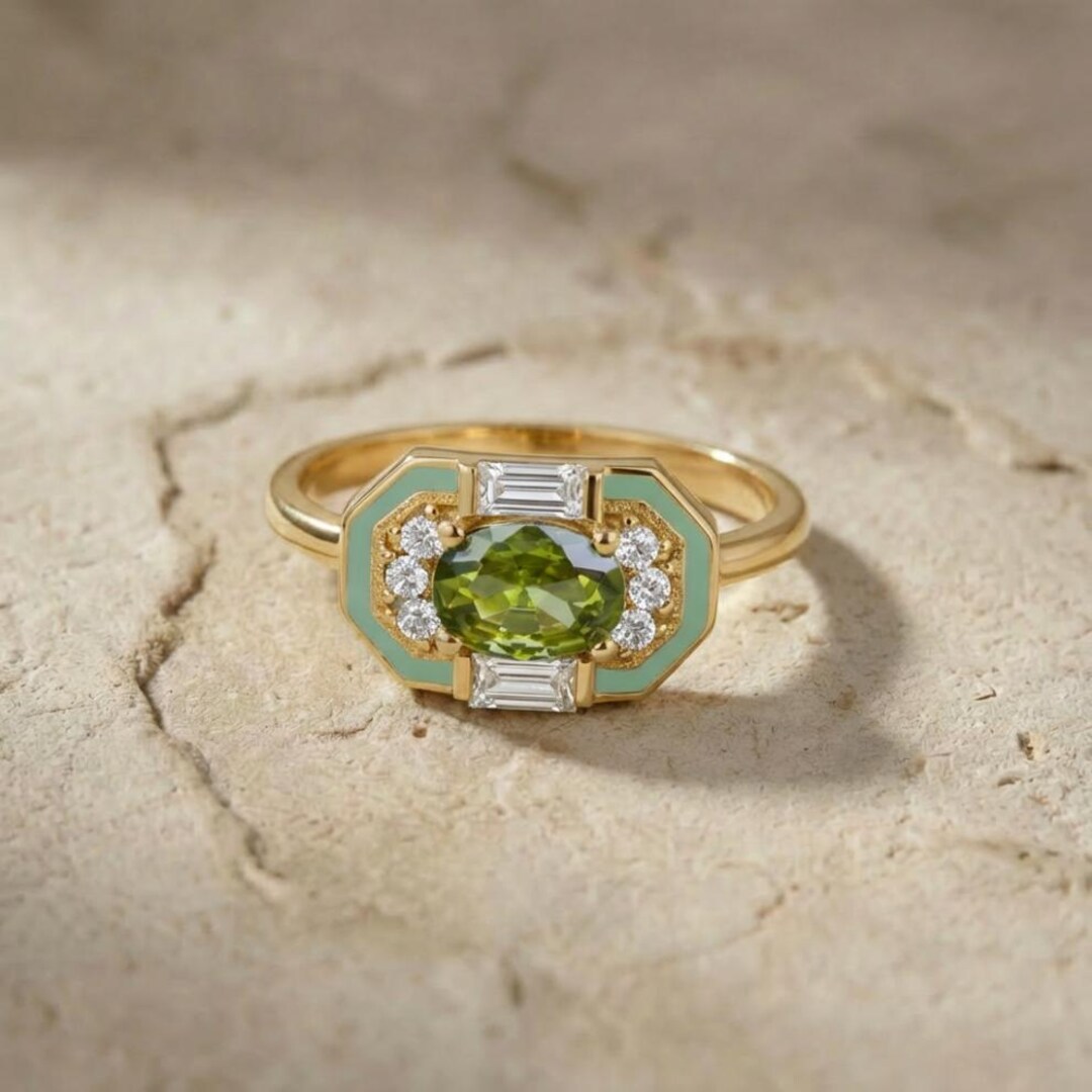 14K Gold Peridot Ring • August Birthstone • Art Deco Ring • Vintage ...