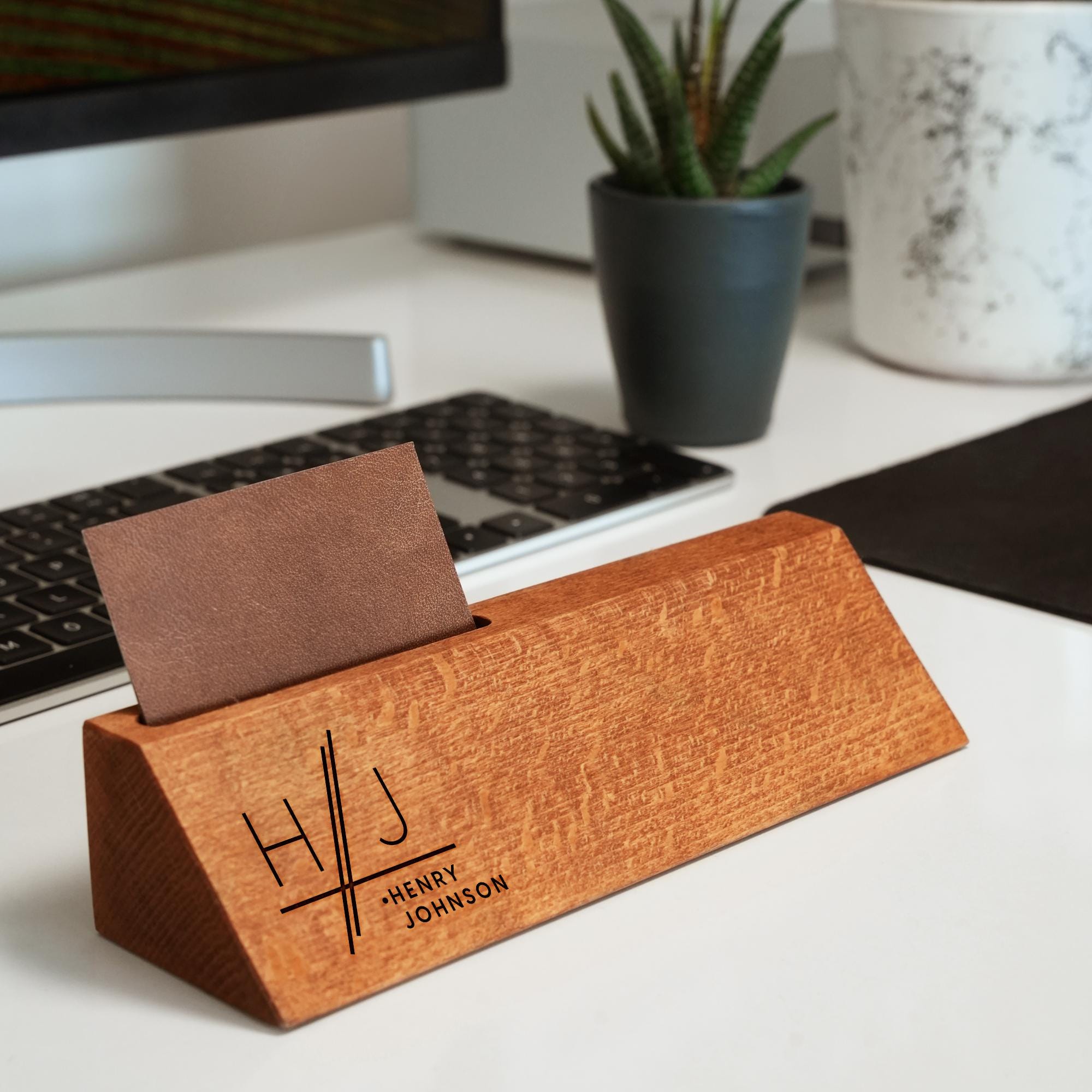 Personalized Beech Wood Desk Name Plate, Business Card Holder ...