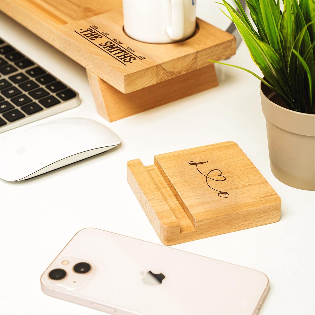 Personalized Beech Wood Phone Stand, Engraved Monogram Desk Organizer ...