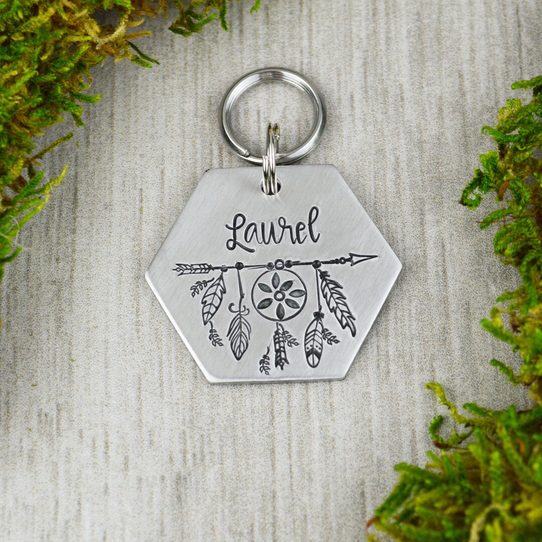 Hand Stamped Dreamcatcher Pet ID Tag: Personalized Hexagon Dog Tag - Etsy