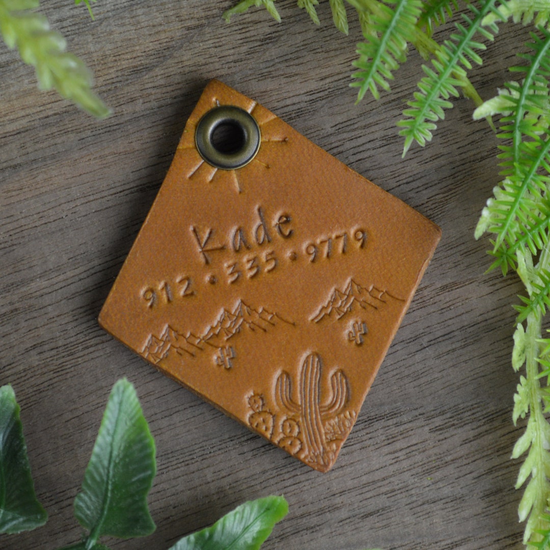 Desert Sun Hand Tooled Leather Dog Tag • Quiet Dog Tag • Custom Dog ...