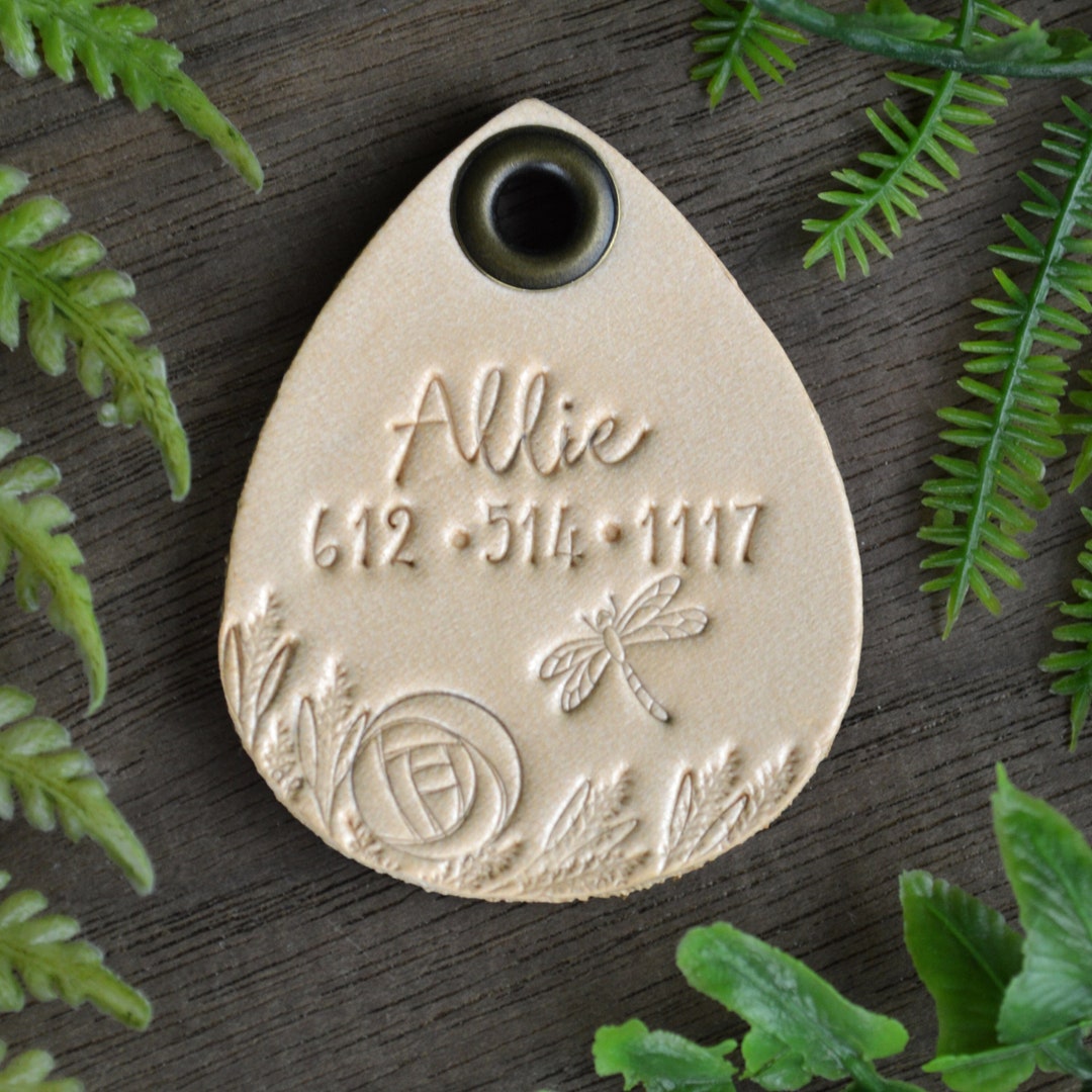 Dragonfly in the Roses Hand Tooled Leather Dog Tag • Quiet Dog Tag ...