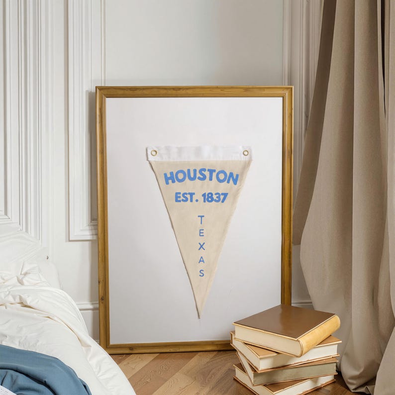 Hand Embroidered Houston Pennant Flag | Vintage Home Office Dorm Wall ...