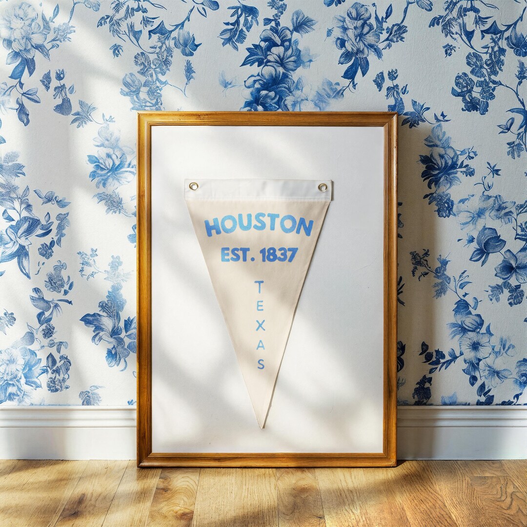 Hand Embroidered Houston Pennant Flag | Vintage Home Office Dorm Wall ...