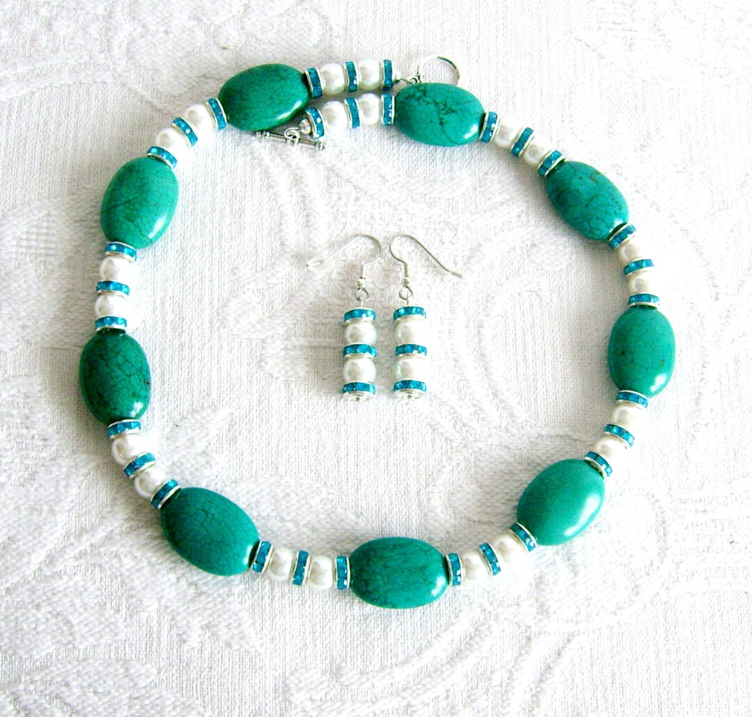 Turquoise, Pearls, and Crystal Necklace and Earrings - Etsy