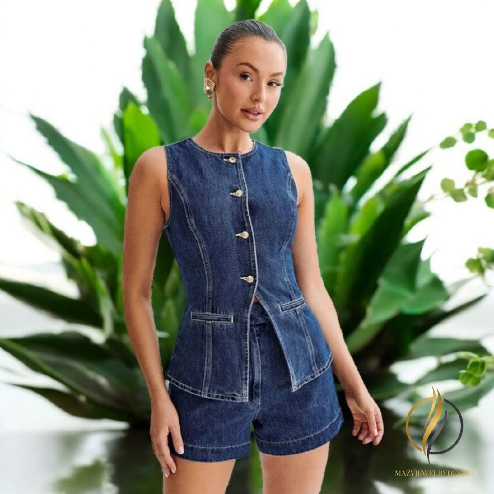 Denim Vest and Shorts Set for Women Stylish Buttoned Sleeveless Top and High-waist Shorts ...