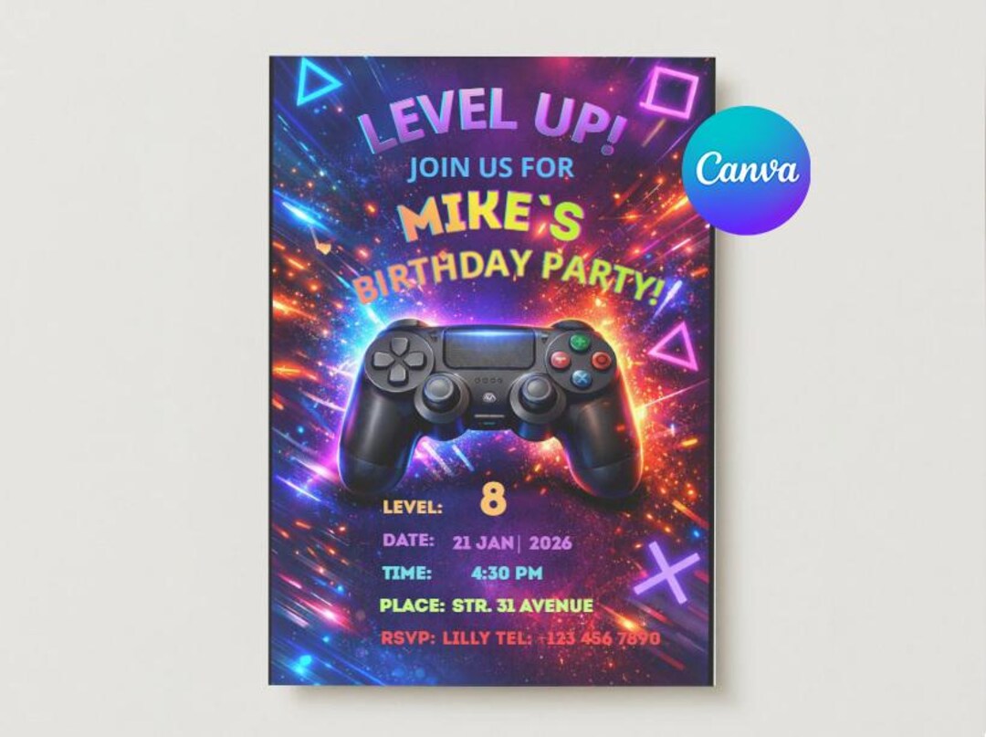 Gaming Birthday Invitation | Level up Party | Editable Canva Template ...