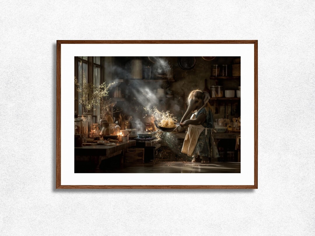 Elephant Cooking Pasta Whimsical Art Print: Moody Rustic Kitchen Wall ...