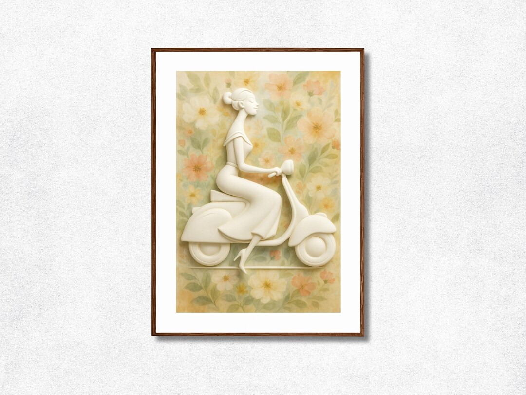 Girl on Moped With Flowers: Floral 3D Relief Style Art,printable Wall ...