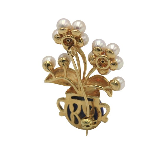 Elegant Antique 18k Gold Flower Vase Brooch, Lapis La… - Gem
