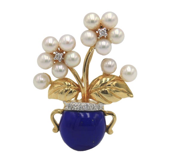 Elegant Antique 18k Gold Flower Vase Brooch, Lapis La… - Gem