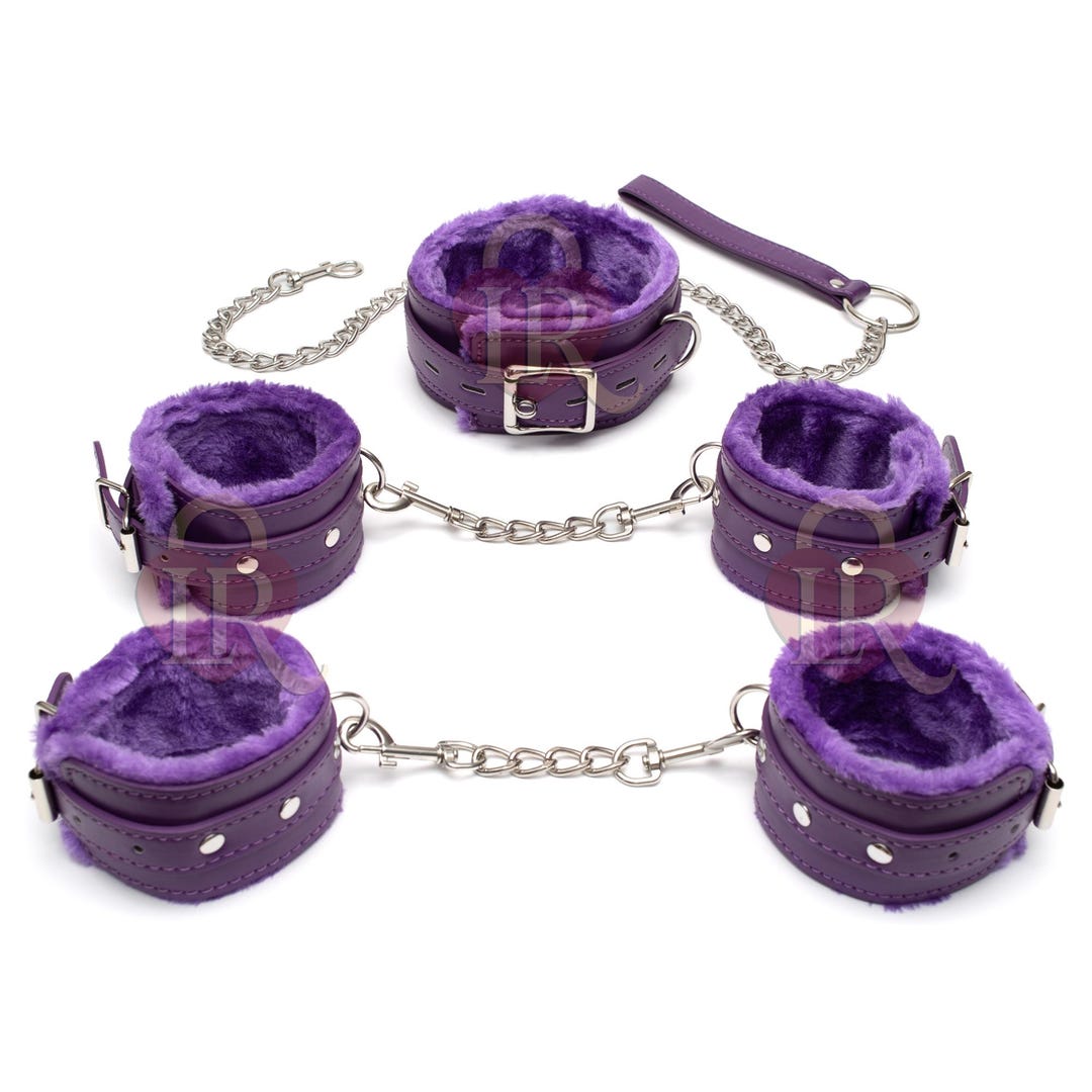 Purple Leather BDSM Set With Plush Lining, Collar, Wrist & Ankle Cuffs ...