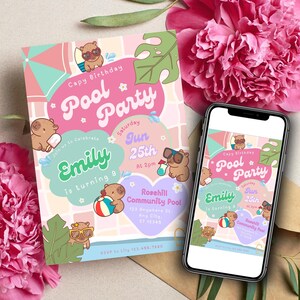 Editable Capybara Pool Party Birthday Invitation, Girl Pool Birthday ...
