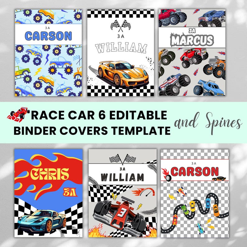 Editable Race Car Binder Covers and Spines, Personalised Boy Binder ...