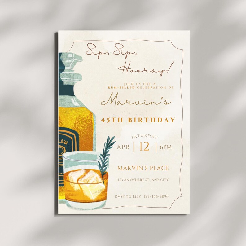 Editable Sip, Sip Hooray Adult Birthday Party Invitation Template, Rum ...