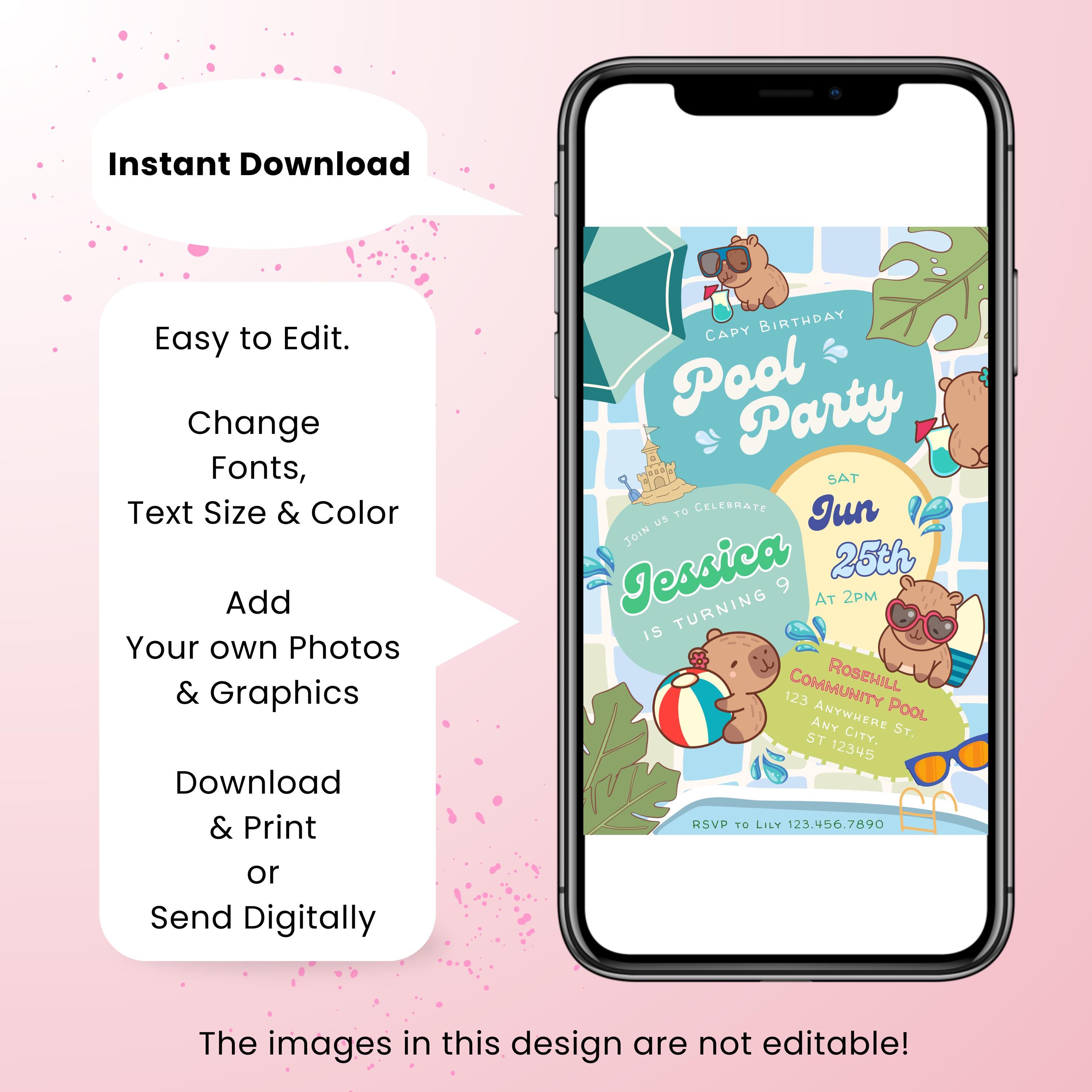 Editable Capybara Pool Party Birthday Invitation, Pool Birthday Party ...