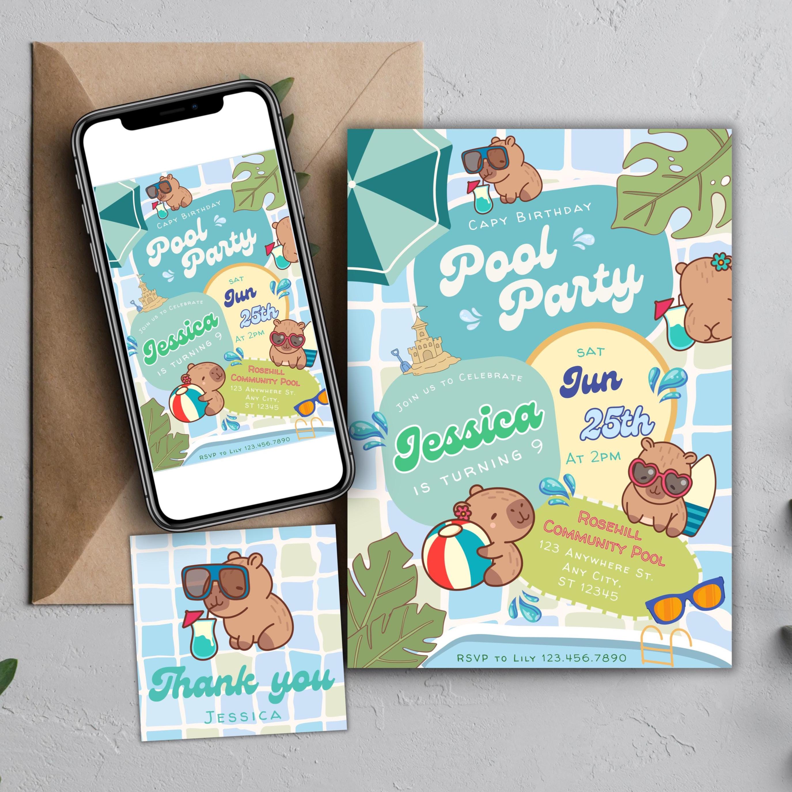 Editable Capybara Pool Party Birthday Invitation, Pool Birthday Party ...