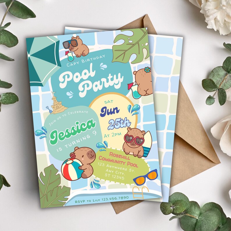 Editable Capybara Pool Party Birthday Invitation, Pool Birthday Party ...