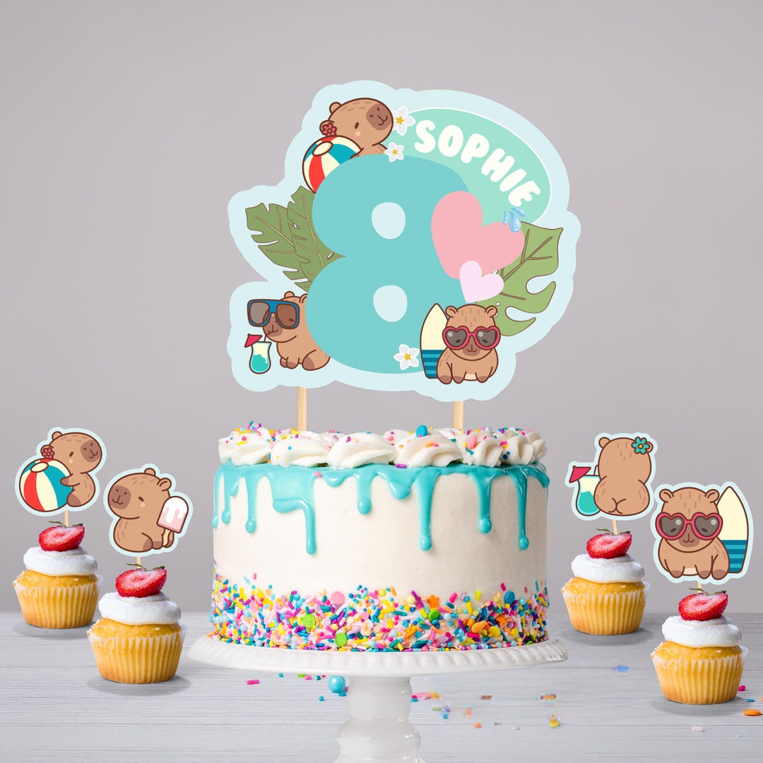 Personalized Capybara Pool Party Birthday Cake Topper for Girls, Blue ...