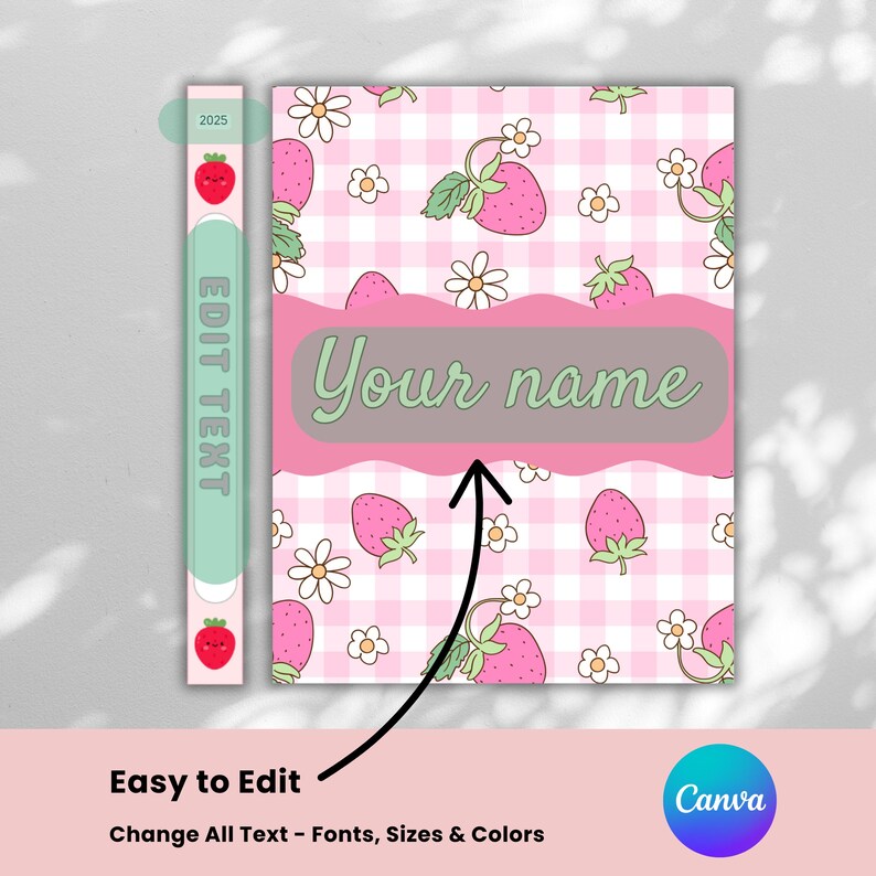 Editable Strawberry Binder Covers and Spines for Girl, Personalised ...