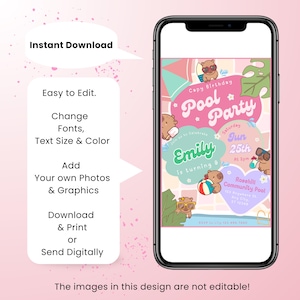 Editable Capybara Pool Party Birthday Invitation, Girl Pool Birthday ...