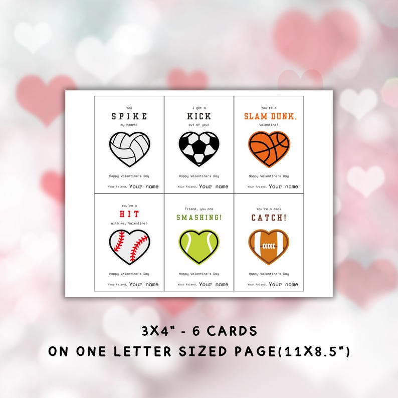 Sports Valentine's Day Cards Template, Printable Kids Vday Tags, School ...