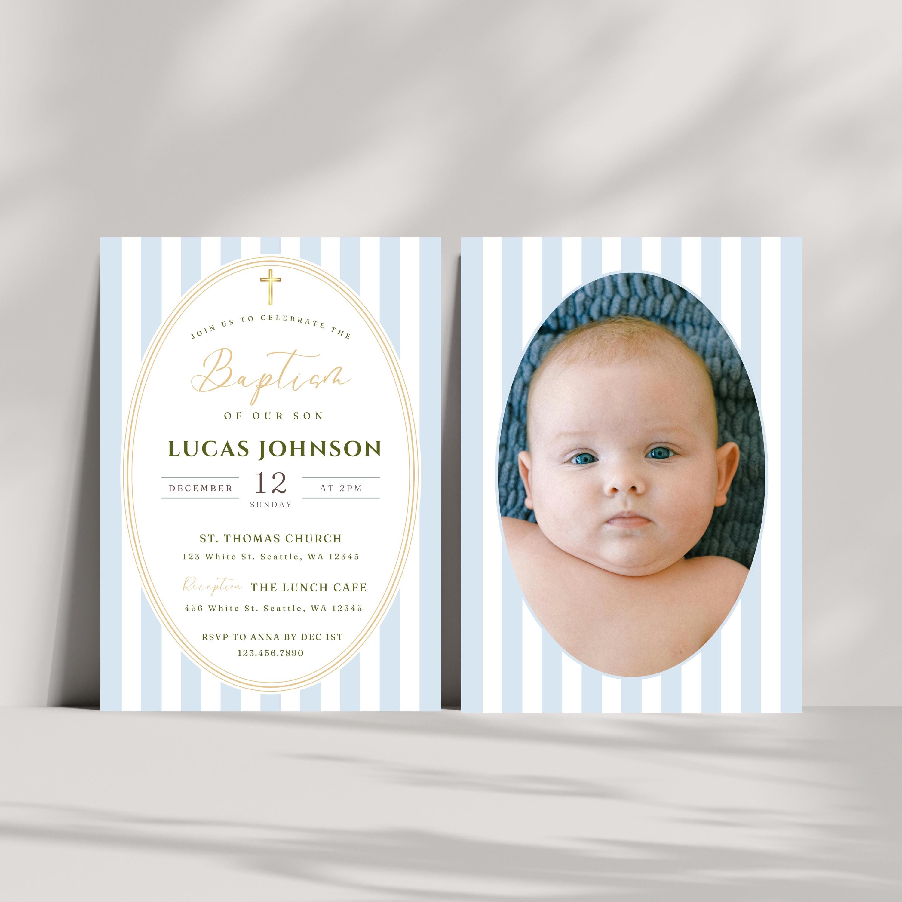 Editable Classic Blue Stripes Boy Baptism Invitation Template, Boy ...