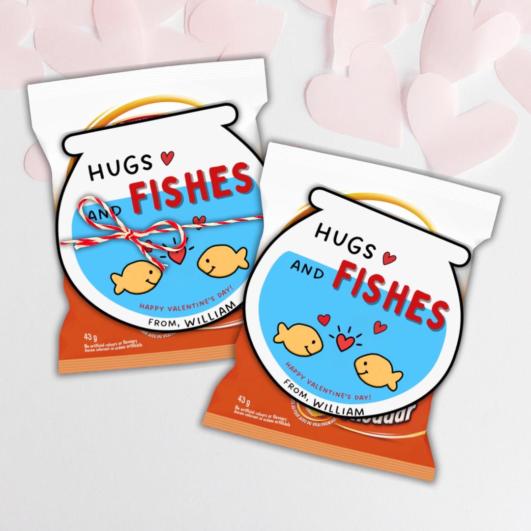 Goldfish Valentine Gift Tag Template, Printable Hugs & Fishes V-day ...